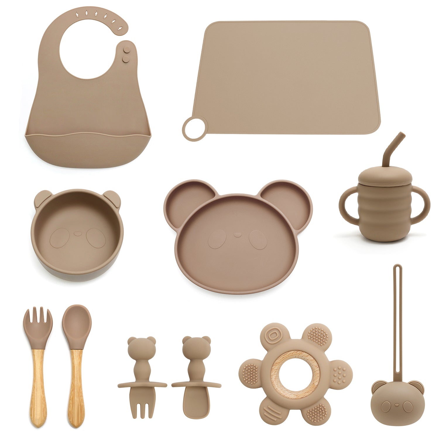 BROWN 11 PIECE SILICONE BABY AND TODDLER NON-SLIP SUCTION CUP FEEDING ...